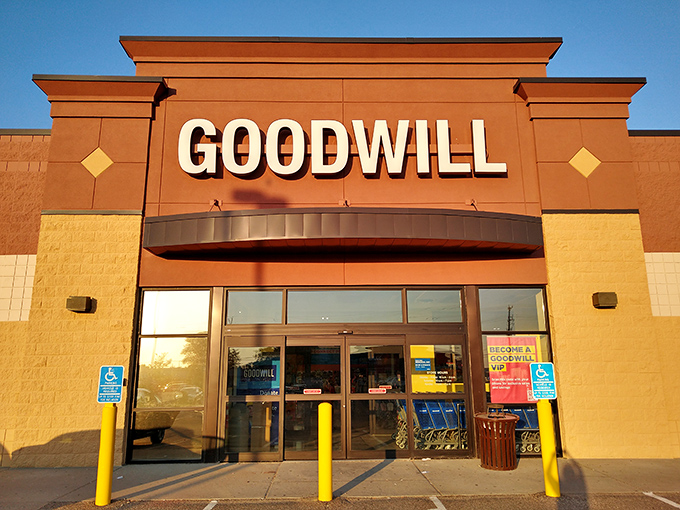 Golden hour makes even thrift stores look magical. Goodwill's welcoming facade promises adventure for the budget-conscious Minnesotan.