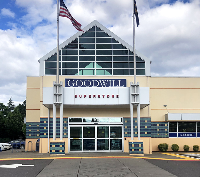 The distinctive A-frame entrance beckons bargain hunters and sustainability champions alike&mdash;a modern temple to the art of the thrift.