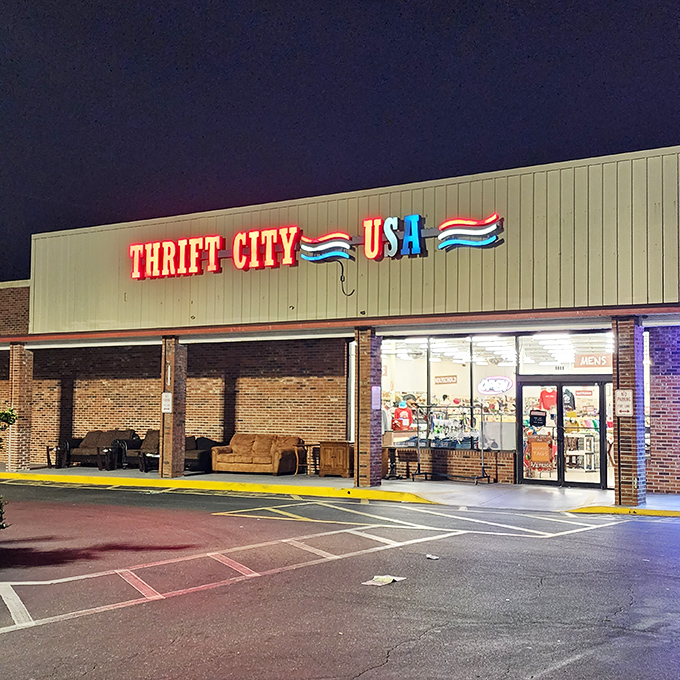 After dark, Thrift City USA glows like a beacon for bargain hunters—proof that the thrill of the thrift knows no time constraints.
