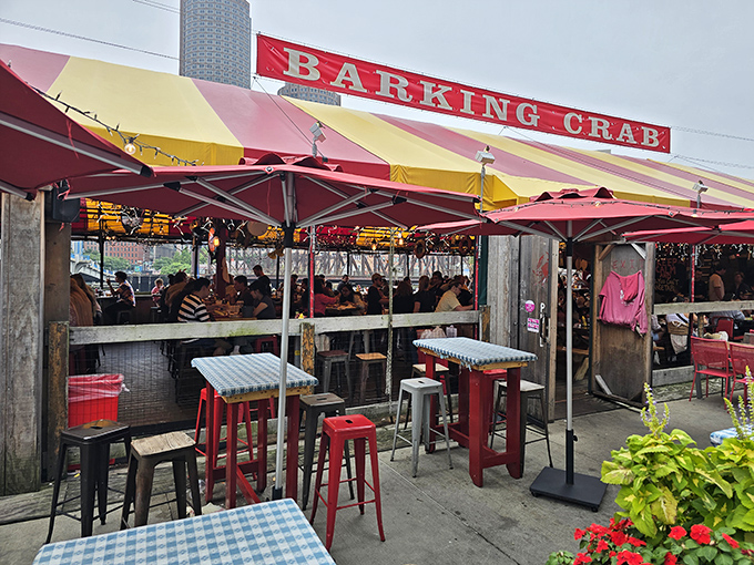 The entrance beckons with colorful umbrellas and waterfront views, promising the kind of meal you'll be talking about for months.
