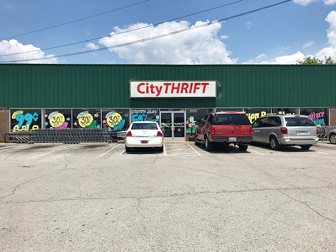 The storefront on a sunny Tennessee day, where bargain hunters gather like prospectors during a gold rush.
