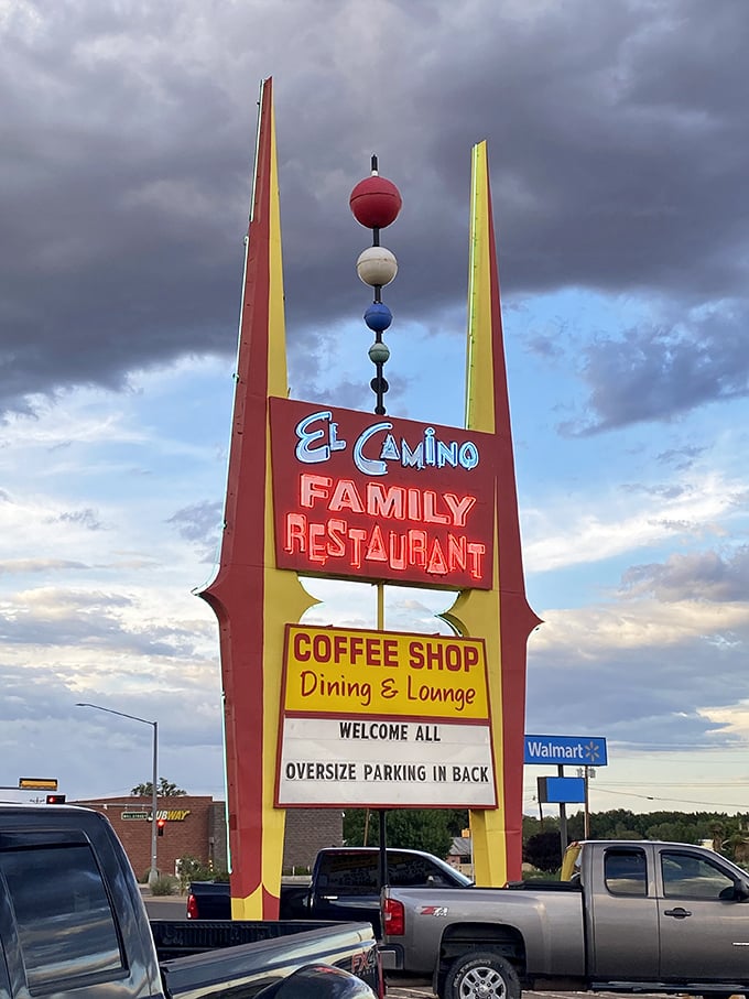 That sign&mdash;part mid-century modern, part Southwestern charm&mdash;has been guiding hungry souls to enchilada nirvana for decades, standing tall against those dramatic New Mexico clouds.