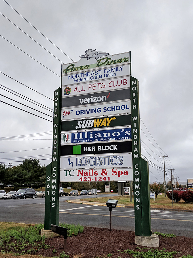 The roadside sign announces the Aero Diner's presence among everyday businesses. Like finding a Broadway star in your local community theater&mdash;unexpected excellence.