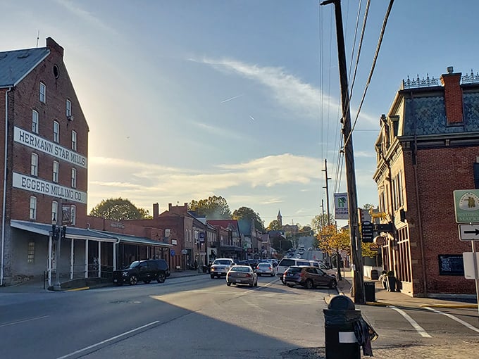 Golden hour bathes Hermann's historic downtown in warm light, transforming ordinary brick buildings into a scene worthy of a German fairytale.