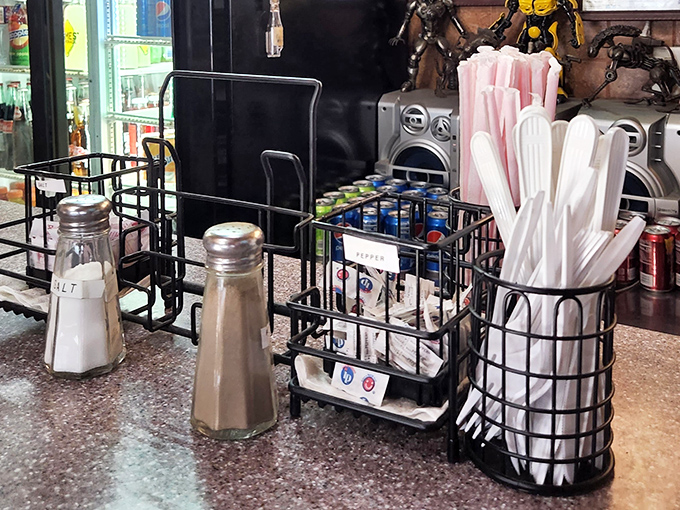 Salt, pepper, and napkins stand ready for duty&mdash;the humble supporting cast in Kitty's daily performance of sandwich excellence.