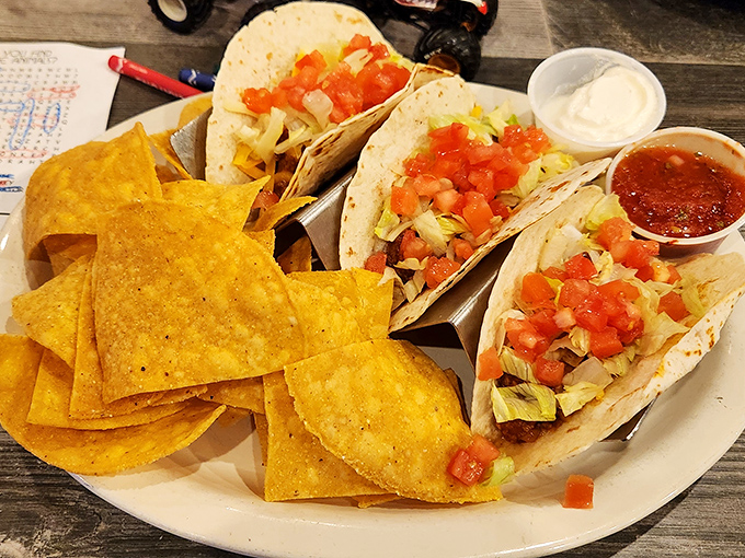 These tacos aren't messing around &ndash; packed with fresh ingredients and served with chips that are clearly not afraid of commitment.