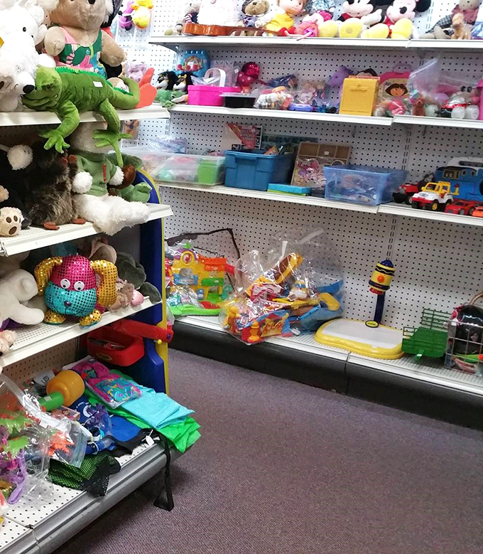 Toy section wonderland where childhood memories are made and remade. That stuffed alligator is definitely going home with someone looking for reptilian companionship.