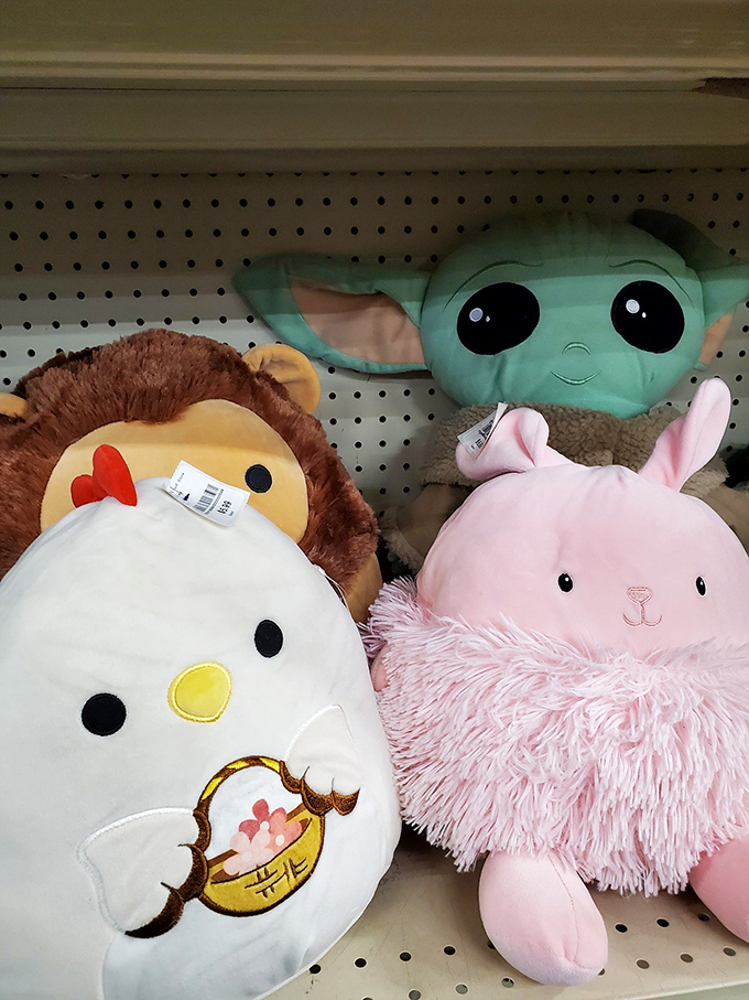 Plush friends waiting for new homes prove that one shopper's decluttering is another's adorable find. Baby Yoda approves this message.