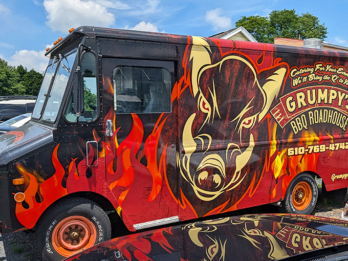 Grumpy's food truck &ndash; bringing smoky joy to the masses, like a flame-painted herald of barbecue salvation rolling through Pennsylvania.