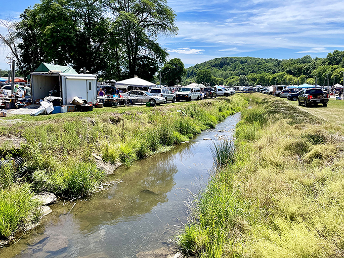 Beyond the market's edge, a gentle stream winds through green hills – nature's boundary to this bustling kingdom of commerce.