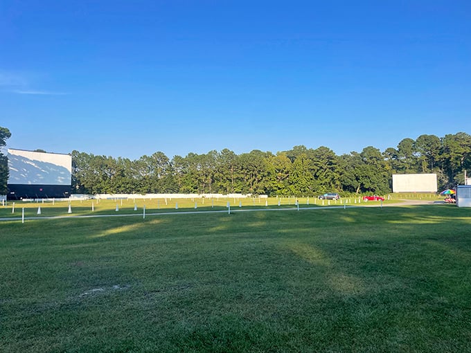 Two screens, double the fun! This panoramic view showcases why Hwy 21 Drive-In remains a beloved Beaufort institution for film enthusiasts.