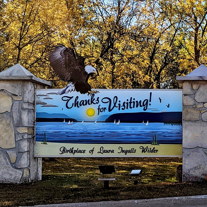 Pepin's welcome sign, watched over by a majestic eagle, reminds visitors they're entering the birthplace of an American literary icon.