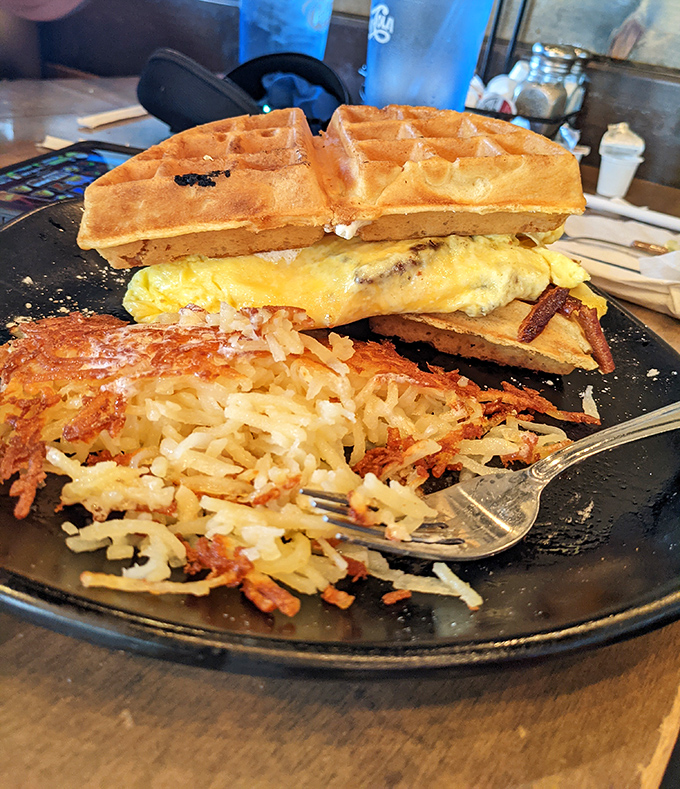 The waffle sandwich&mdash;breakfast's greatest innovation since someone decided coffee should be portable. Savory, sweet, and utterly ingenious.