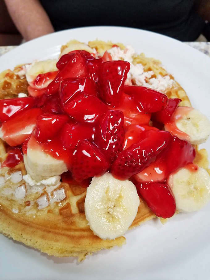 Waffles become the canvas, strawberries the paint, and breakfast transforms into edible art that's too delicious to hang on any wall.