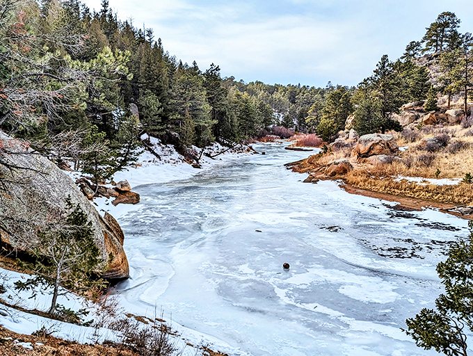 Winter transforms the reservoir into nature's ice sculpture garden, where even the water takes a snow day.
