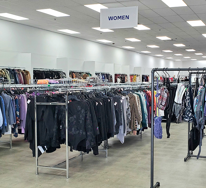 The women's section sprawls invitingly, racks upon racks of fashion possibilities for every style imaginable.