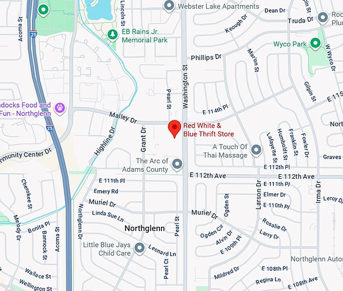 red white & blue thrift store map