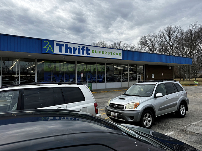 The blue facade of 2nd Ave Thrift Superstore beckons like a bargain-hunter's beacon on a cloudy day.