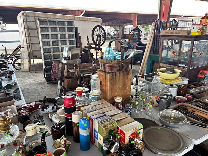 Treasure hunter's paradise! Grandma's kitchen meets history museum in this wonderland of vintage glass, spinning wheels, and mysterious wooden crates waiting to tell their stories.