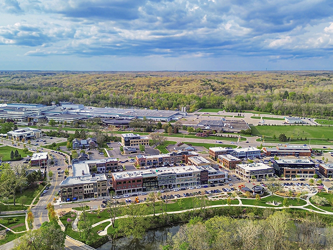 Ada Township from above: a patchwork quilt of green spaces and tidy neighborhoods where your Social Security check stretches like a Midwest summer day.
