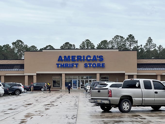 Look at that parking lot - when thrift stores draw crowds like Black Friday, you know treasures await inside!