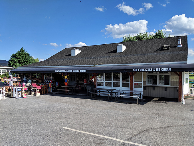 The ultimate Amish pit stop! Soft pretzels and ice cream await under that humble roof &ndash; Pennsylvania's version of a culinary theme park.