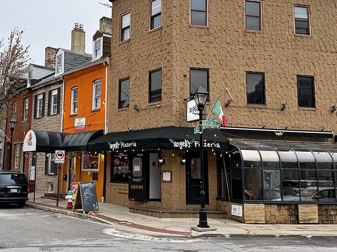 The corner stone building of Angeli's Pizzeria stands like a guardian of good taste in Baltimore's historic district.