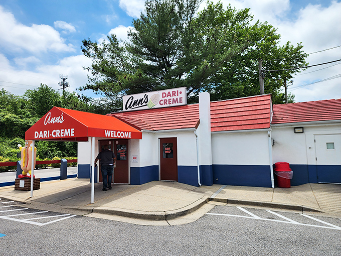 Ann's Dari-Creme stands proud with its classic red and white exterior, a time capsule of roadside Americana where hot dog dreams come true.