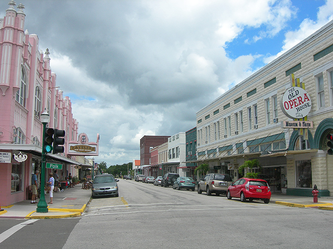 Arcadia's downtown charm unfolds like a storybook, where every colorful building whispers tales of simpler times.