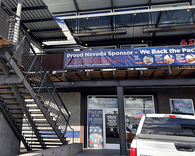 Archie's exterior welcomes hungry patrons with its two-story setup and proud Nevada roots. The stairway to burger heaven starts right here!