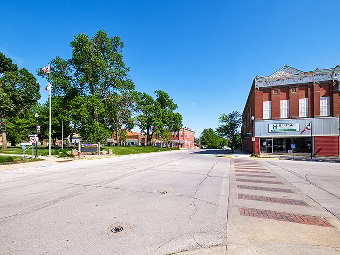 Downtown Audubon on a perfect blue-sky day. Classic brick buildings and wide streets create that "honey, I think we could live here" feeling.
