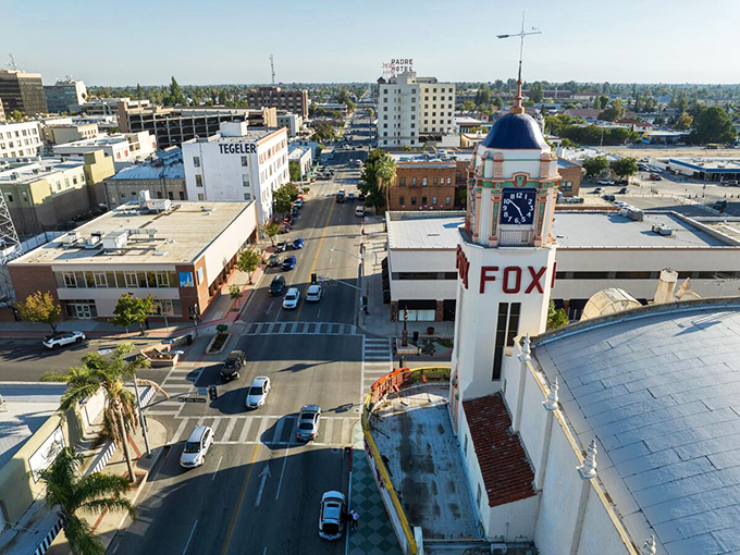 The iconic Fox Theater tower stands sentinel over downtown Bakersfield, a beacon of affordable entertainment in California's Central Valley.