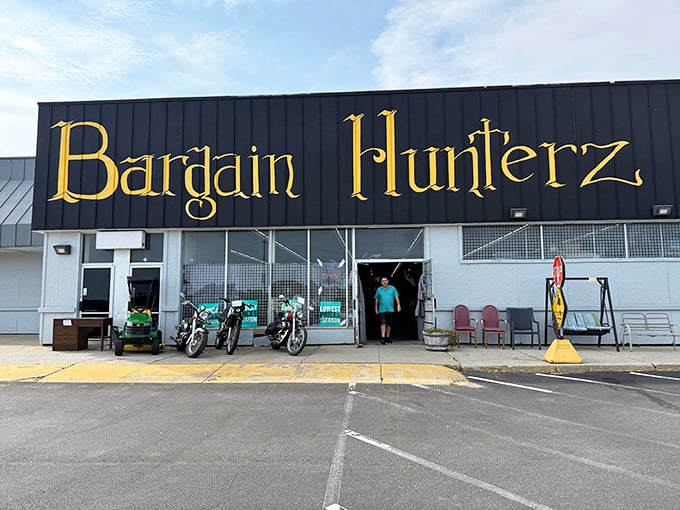 That golden lettering against the dark building practically shouts "treasure inside!" - and those motorcycles suggest serious bargain hunters.