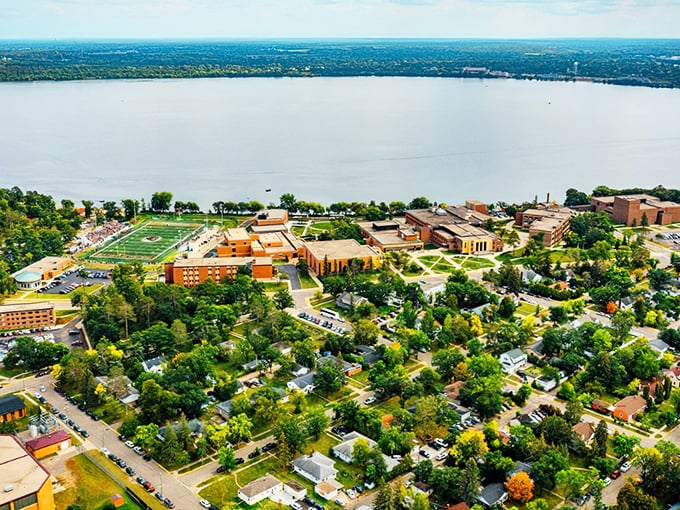 Bemidji's lakeside campus view showcases why this affordable town is a perfect retirement spot. Education and nature in perfect harmony!