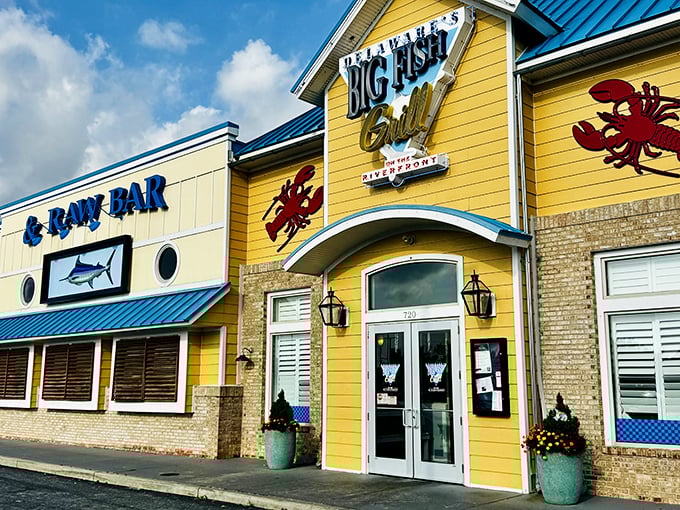 The sunshine-yellow exterior of Big Fish Grill promises seafood happiness inside. Like a coastal postcard come to life!