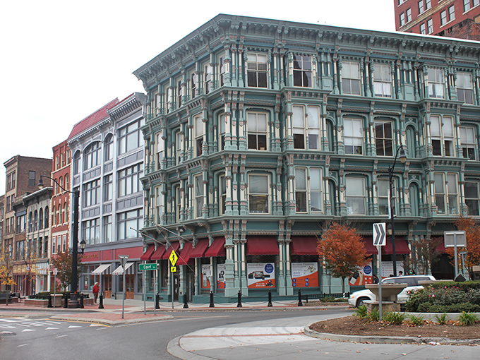 Historic Binghamton architecture stands proud, with that stunning mint-green building looking like it belongs in a Wes Anderson movie.