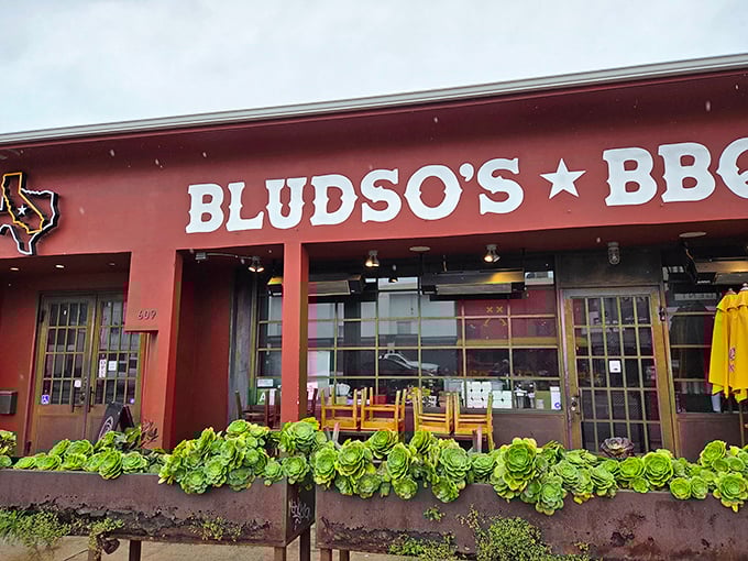 Bludso's BBQ exterior beckons with its bold red facade and Texas-shaped logo. Succulent plants out front are just a hint of the juicy goodness waiting inside.
