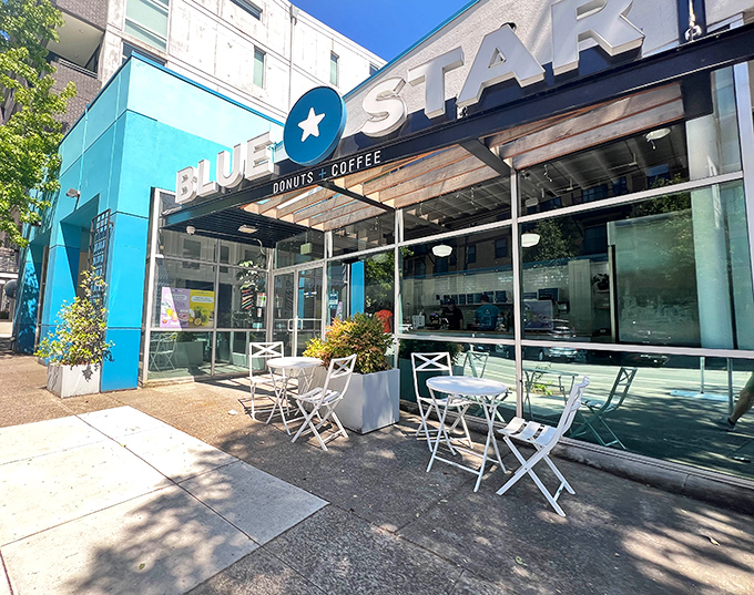 Blue Star's bright turquoise storefront is like a beacon for donut lovers. Modern, inviting, and promising artisanal delights inside.