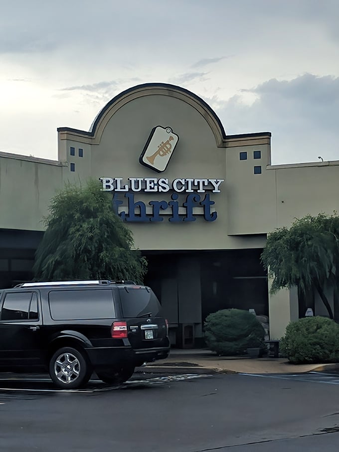 That classic thrift store facade promises treasures inside - like a garage sale that never ends!