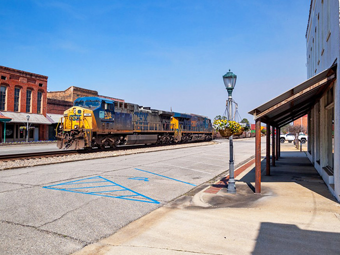 Downtown Brewton where trains still rule the streets and time moves at a civilized pace.
