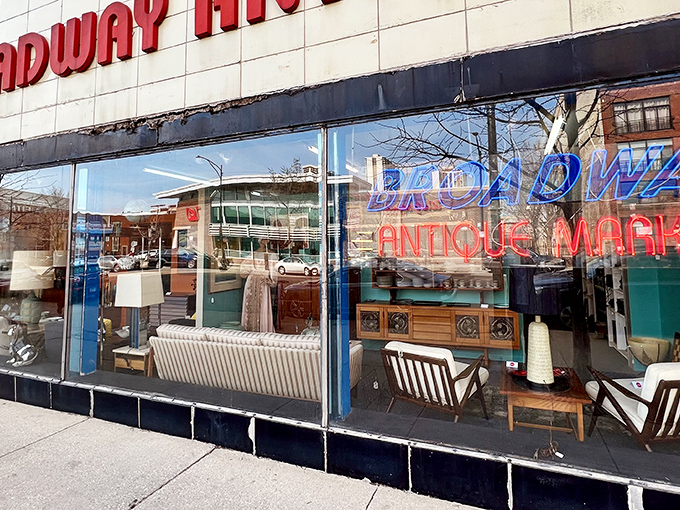 Those front windows are like a vintage furniture showroom that never closes - pure browsing bliss awaits inside.