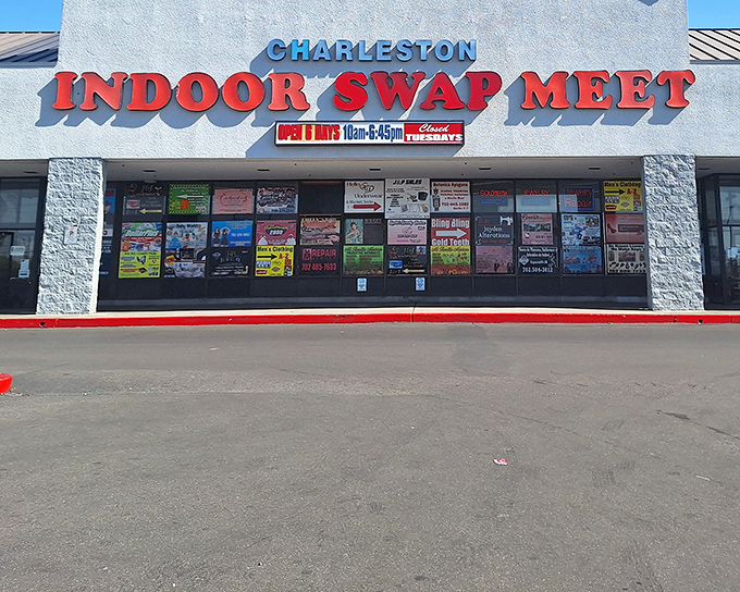 The Charleston Indoor Swap Meet's colorful storefront promises treasures waiting inside for savvy shoppers.