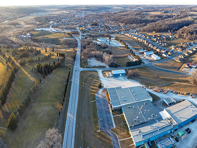 Chatfield from above &ndash; a patchwork quilt of small-town charm where your retirement dollars stretch like Minnesota summer days.