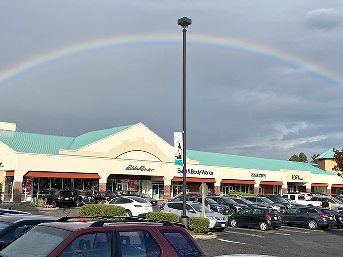 Rainbow over retail paradise! Mother Nature's seal of approval for Columbia Gorge Outlets, where bargains await at the end of this colorful arch.