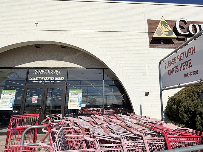 Those red shopping carts outside hint at the treasure hunt waiting inside this thrift paradise.