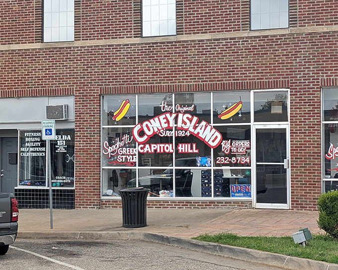 That classic brick facade whispers stories of countless coney dogs served since Oklahoma City's early days.