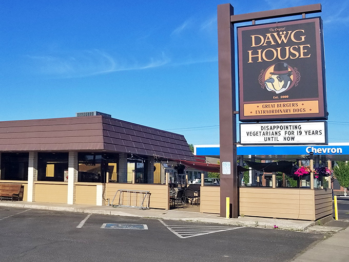 The Dawg House sign proudly announces its mission: disappointing vegetarians for nearly two decades. A hot dog rebel with a cause!