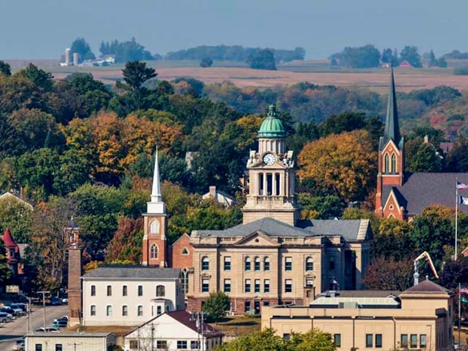 Autumn paints Decorah's courthouse dome like nature's own crown jewel overlooking this Norwegian gem.