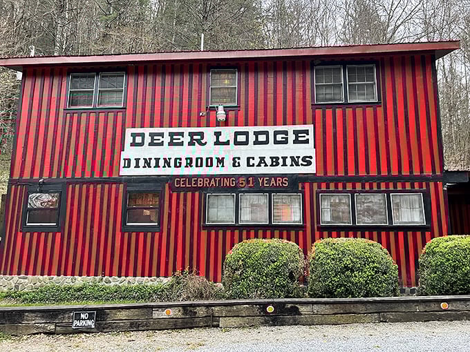 That red-striped building might look humble, but locals know it holds steakhouse gold inside.
