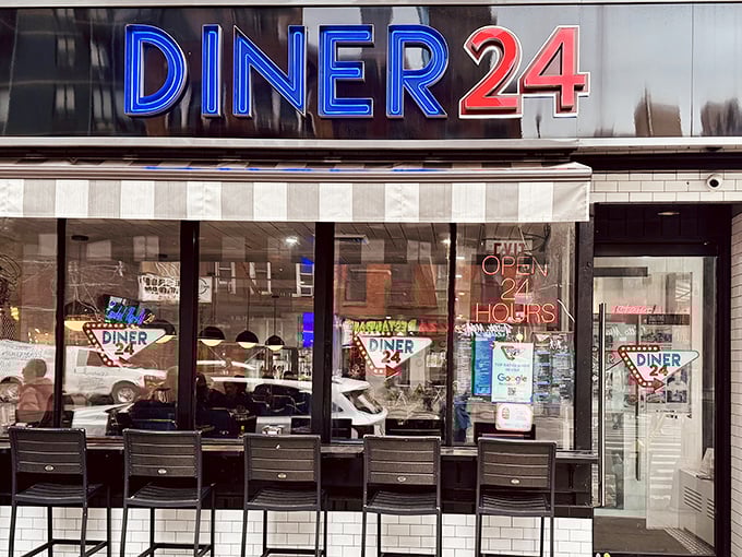 That blue neon glow isn't just decoration &ndash; it's a breakfast beacon calling hungry souls home.